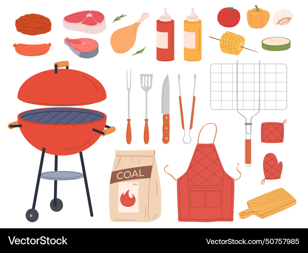 A set of barbecue and grill elements cooking meat Vector Image