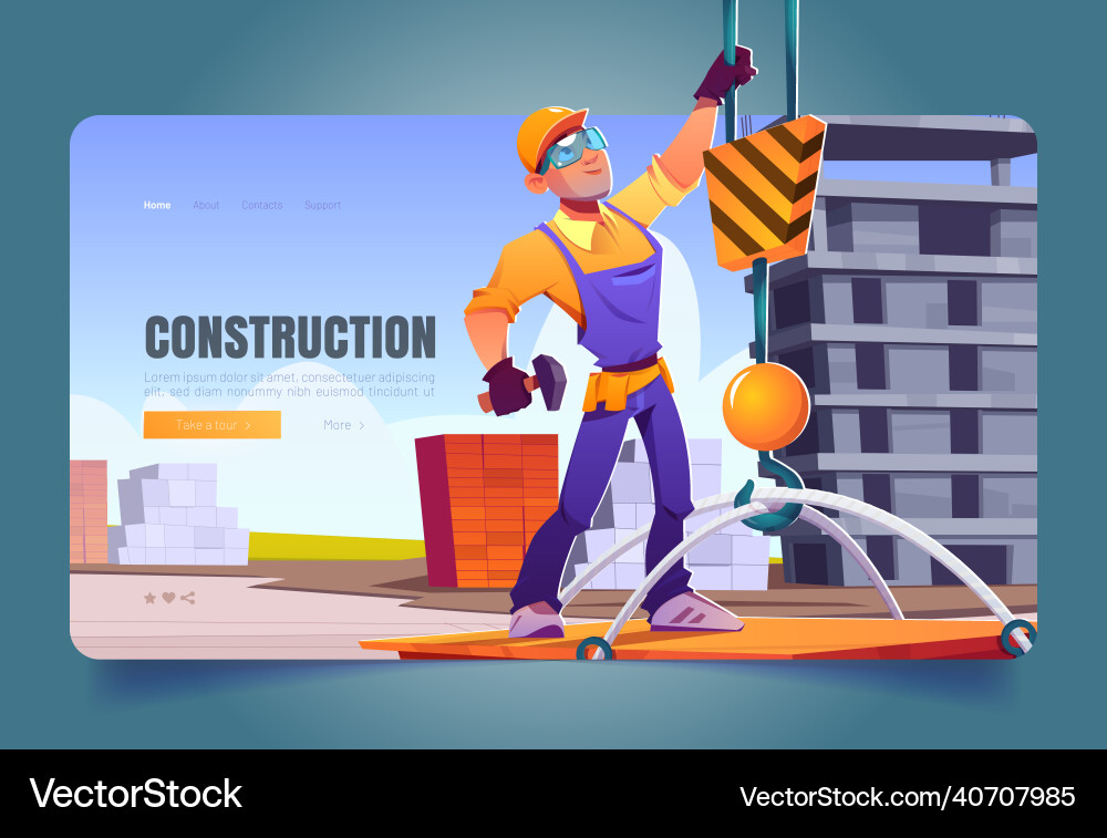 Construction banner with worker and crane hook Vector Image