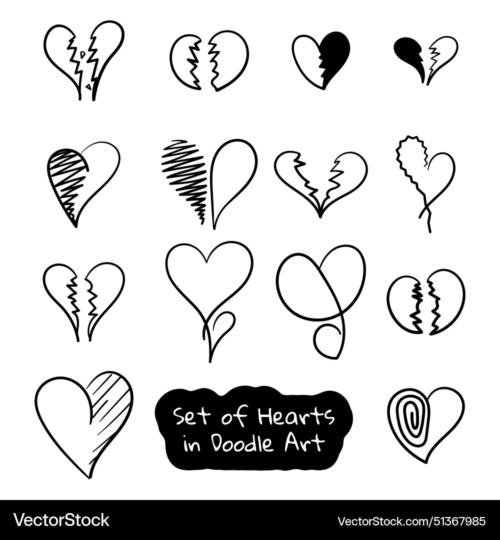 Set of broken heart in shape design with doodle Vector Image
