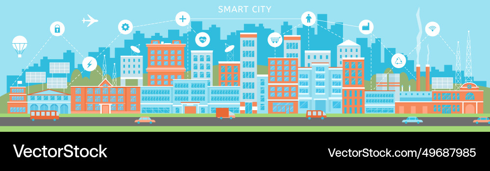 Smart city flat scene skyscraper and office Vector Image
