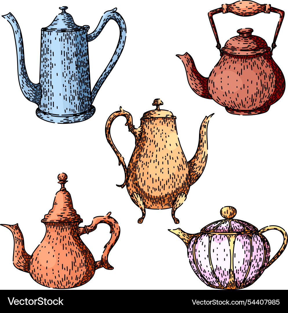 Teapot set sketch hand drawn Royalty Free Vector Image