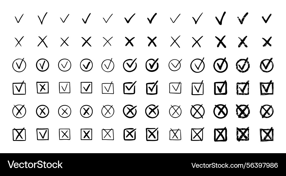 Check marks hand drawn doodle set tick cross Vector Image