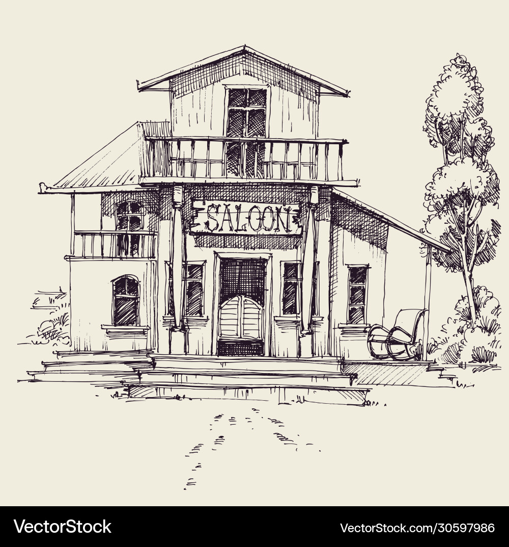 Wild west saloon building hand drawing Royalty Free Vector