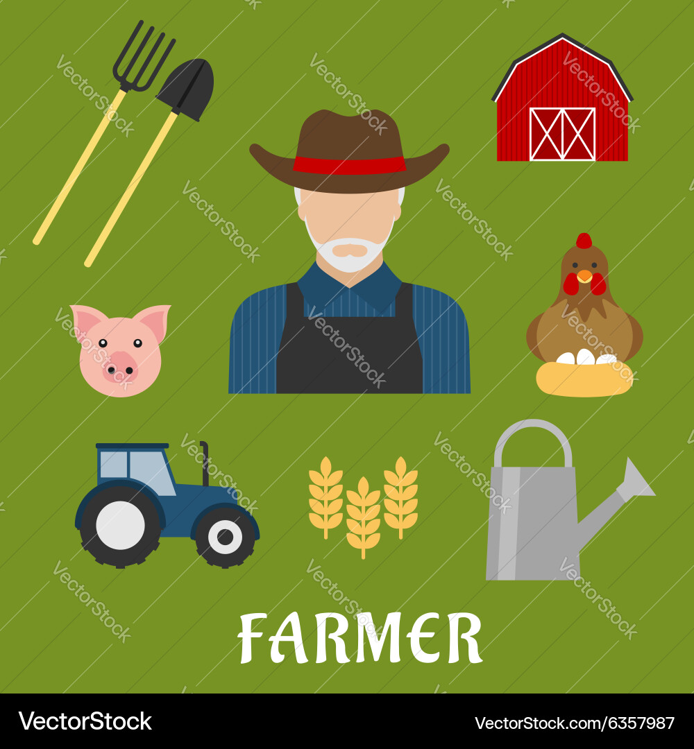 Farmer and agriculture flat icons Royalty Free Vector Image