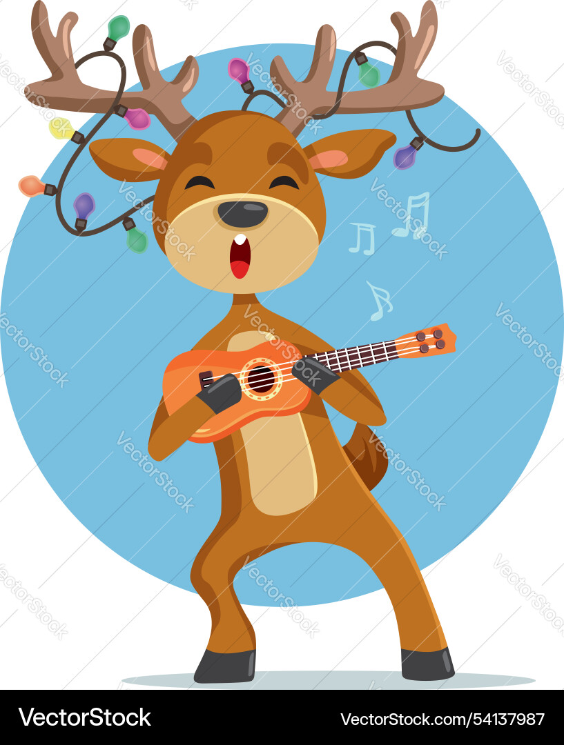 Happy reindeer playing the ukulele singing loud Vector Image