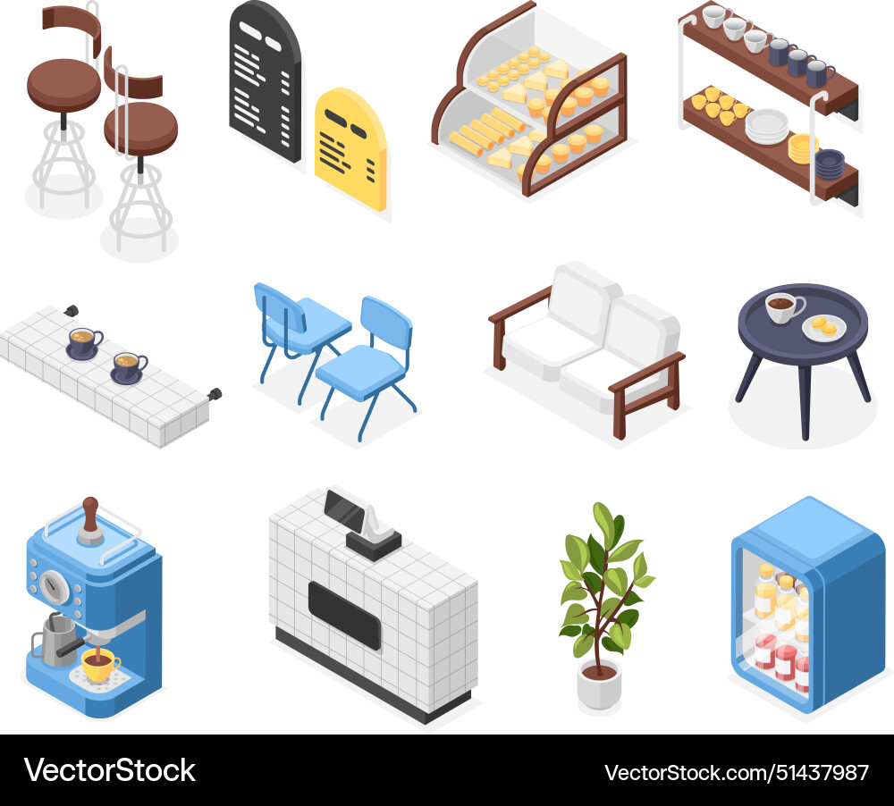 Isometric cafe equipment cafeteria or restaurant Vector Image