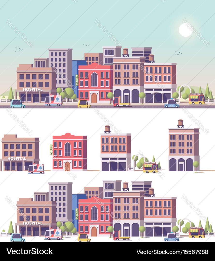 Low poly 2d buildings and city scene Royalty Free Vector