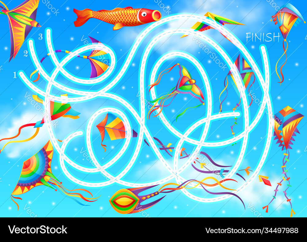 Maze or labyrinth game template with kites in sky Vector Image