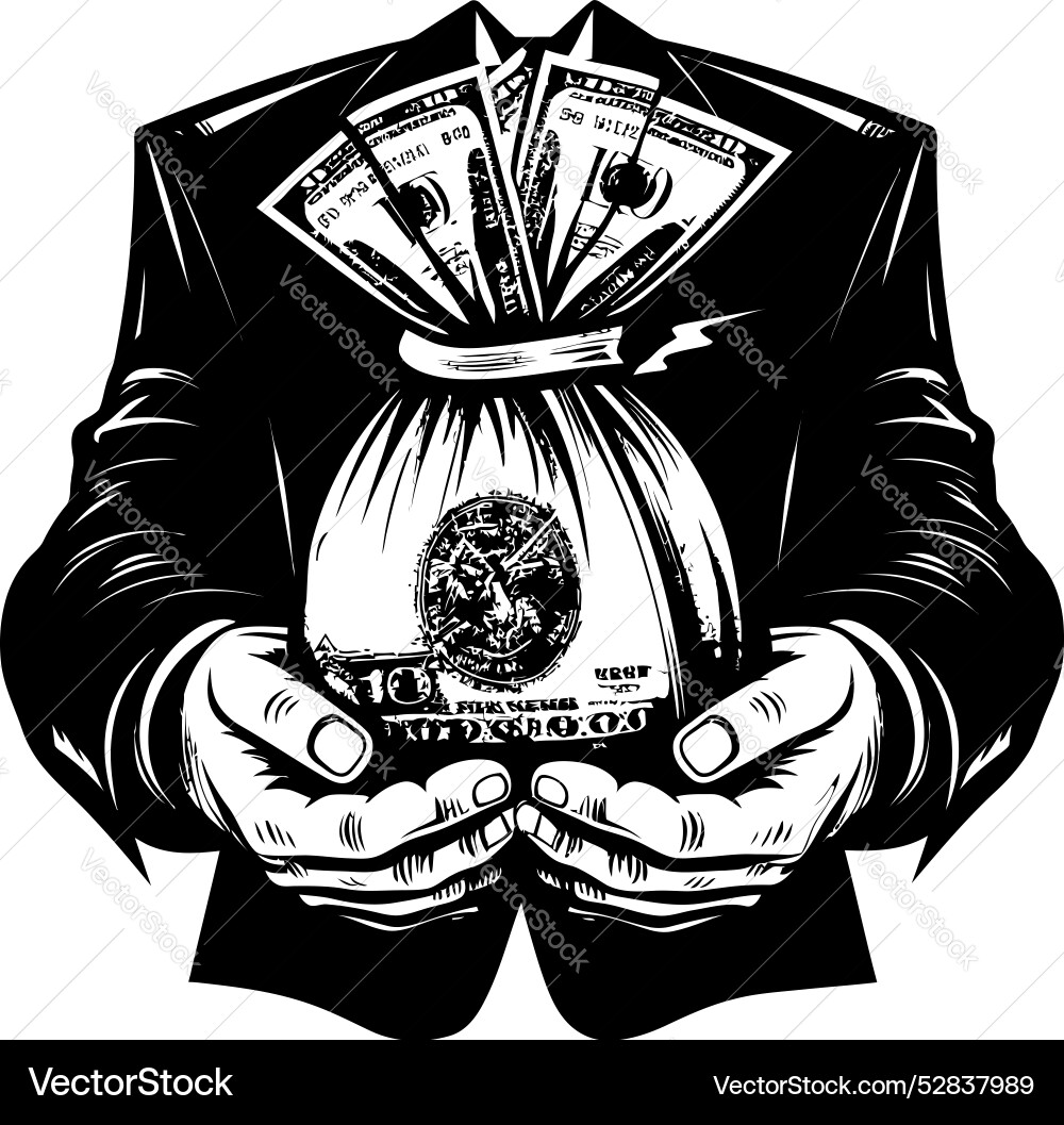 Handheld fortune hand grasping money bag symbol Vector Image