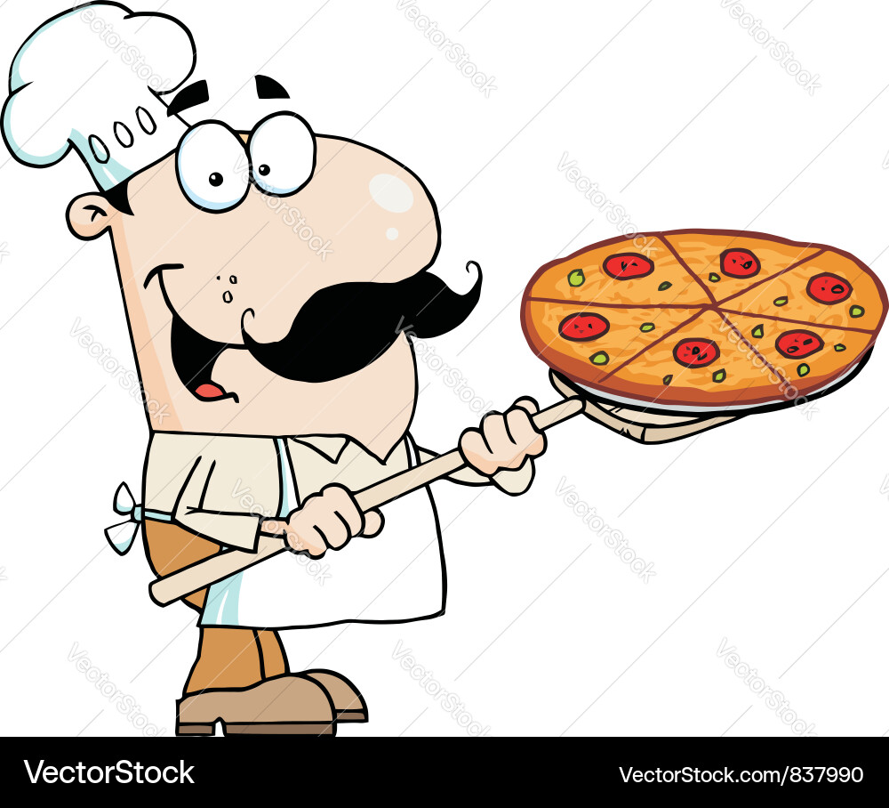 Caucasian chef carrying a pizza pie Royalty Free Vector