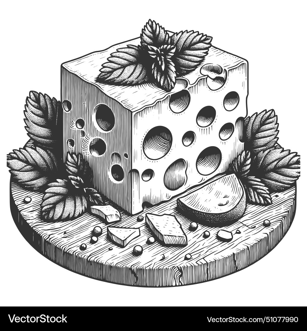 Cheese plate engraving sketch Royalty Free Vector Image