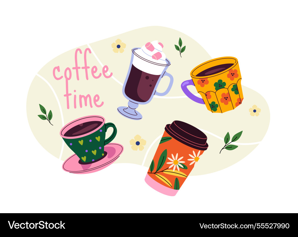 Coffee time with colorful cups and mugs Royalty Free Vector