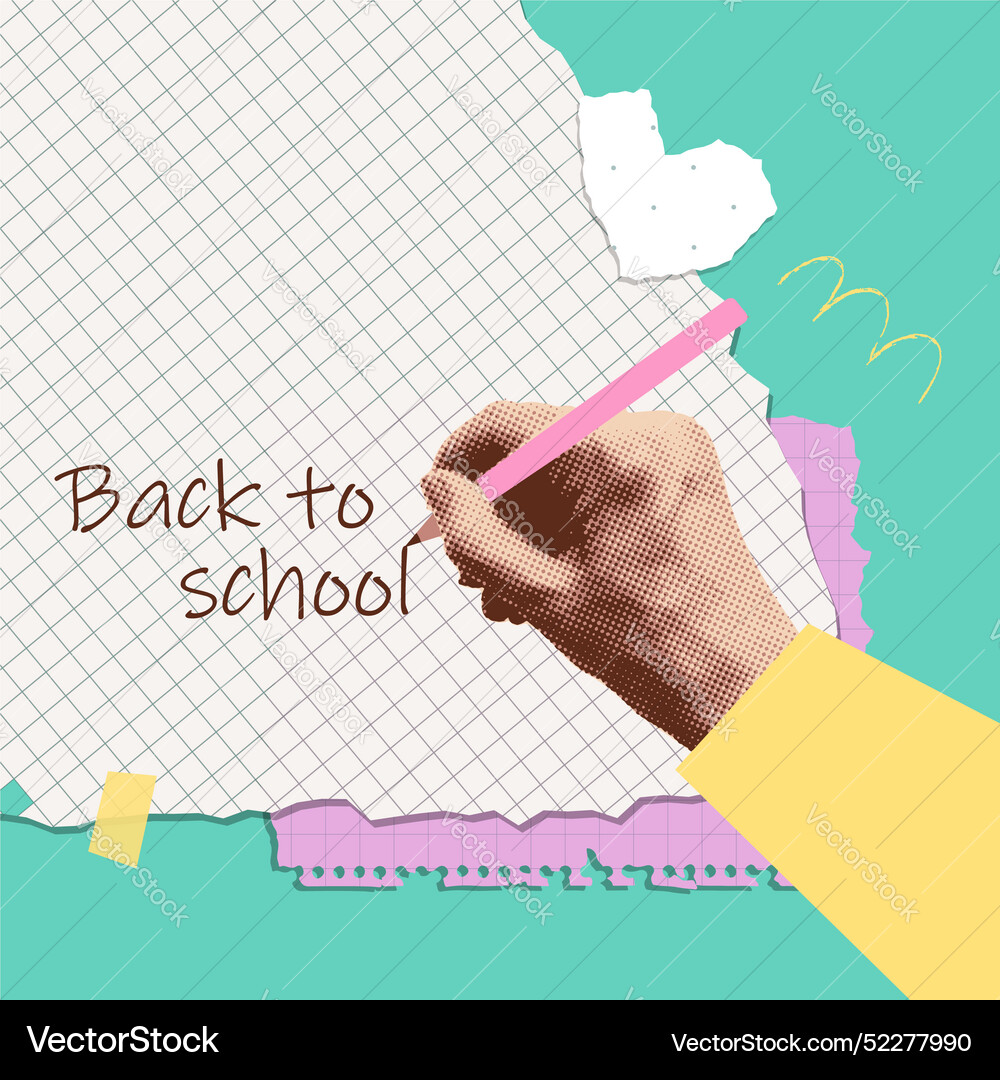Notebook paper scraps with collage halftone hand Vector Image