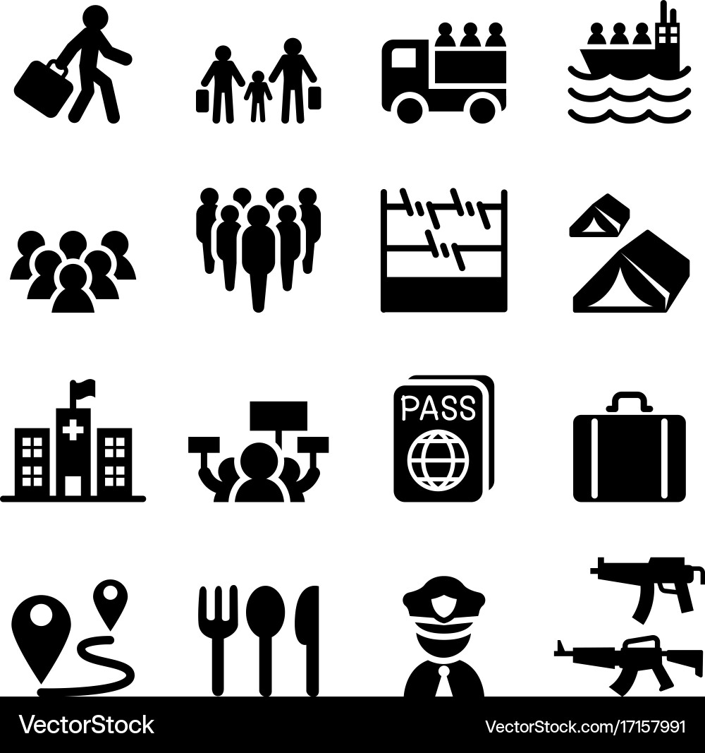 Refugee immigrants immigration icons set Vector Image