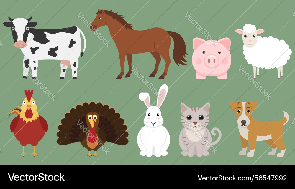 A cow horse chicken turkey and rabbit Royalty Free Vector