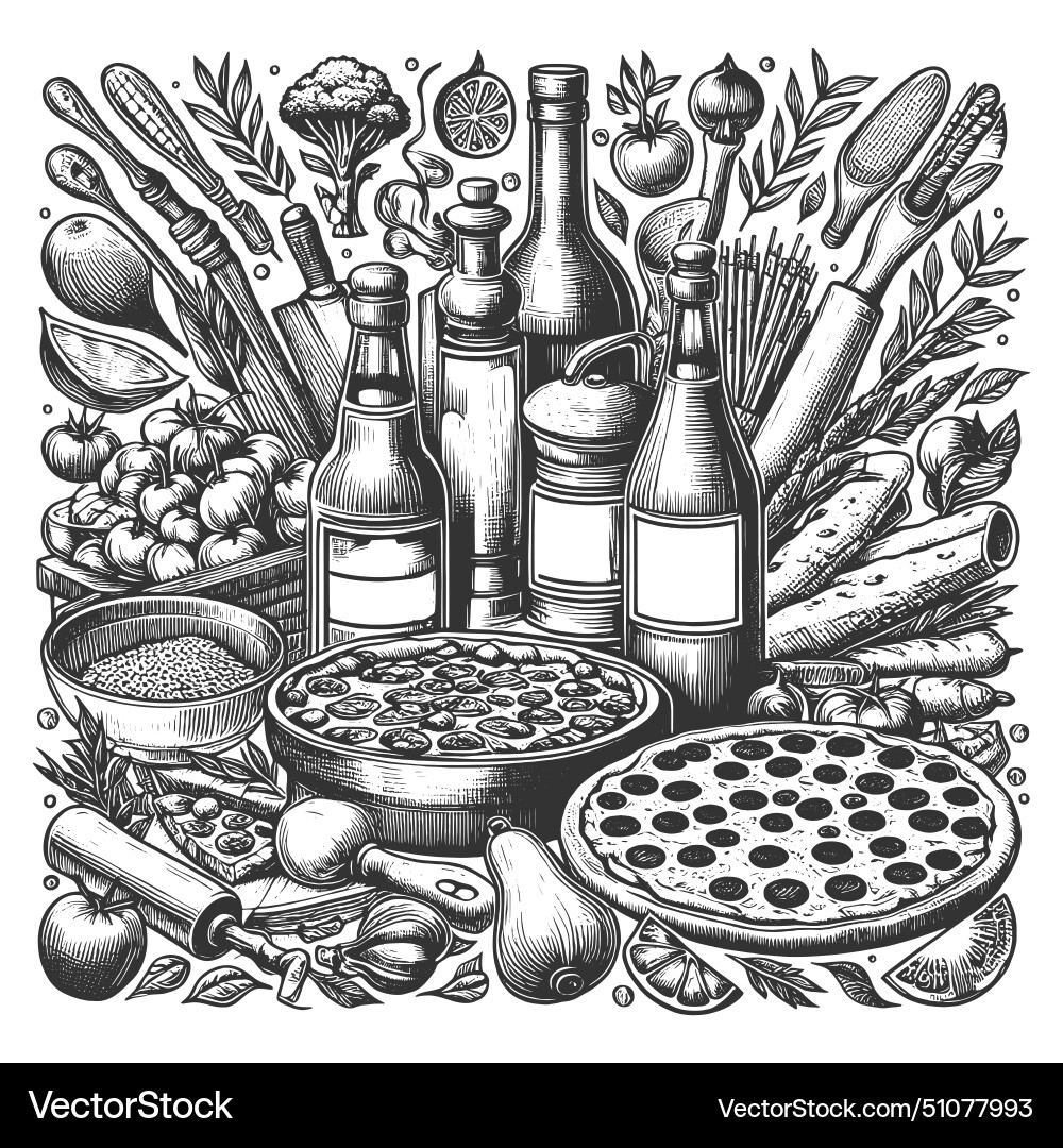 Assorted italian cuisine engraving Royalty Free Vector Image