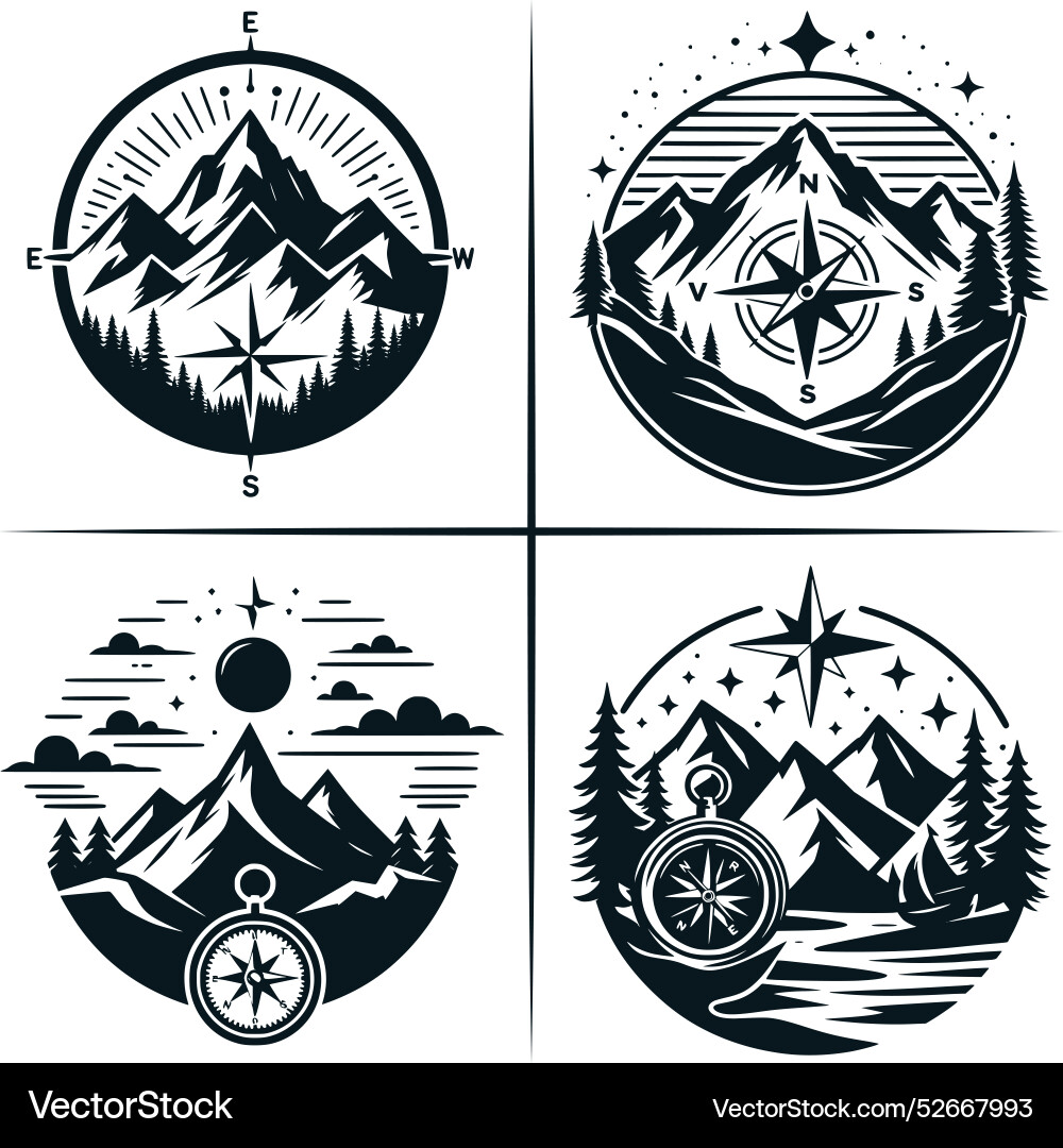 Compass with mountain scene silhouette file Vector Image