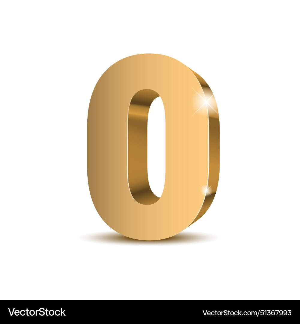 Gold 3d number 0 with a shadow on white Royalty Free Vector
