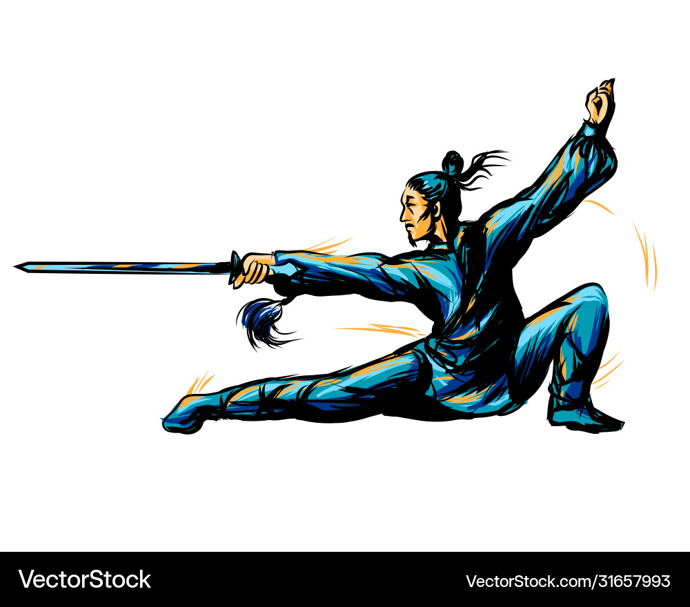 Master wushu shaolin warrior in a blue kimono Vector Image