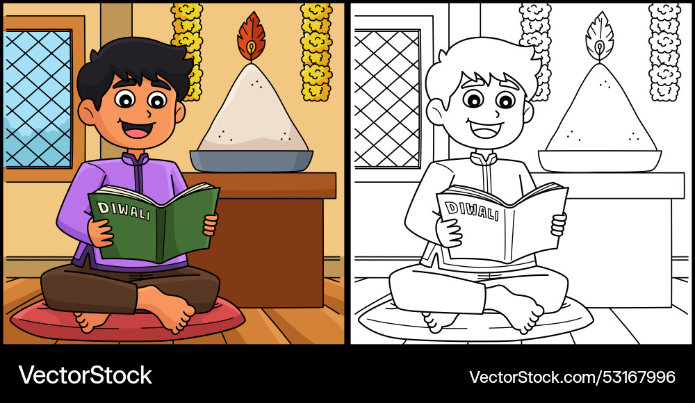 Diwali child reading book coloring Royalty Free Vector Image