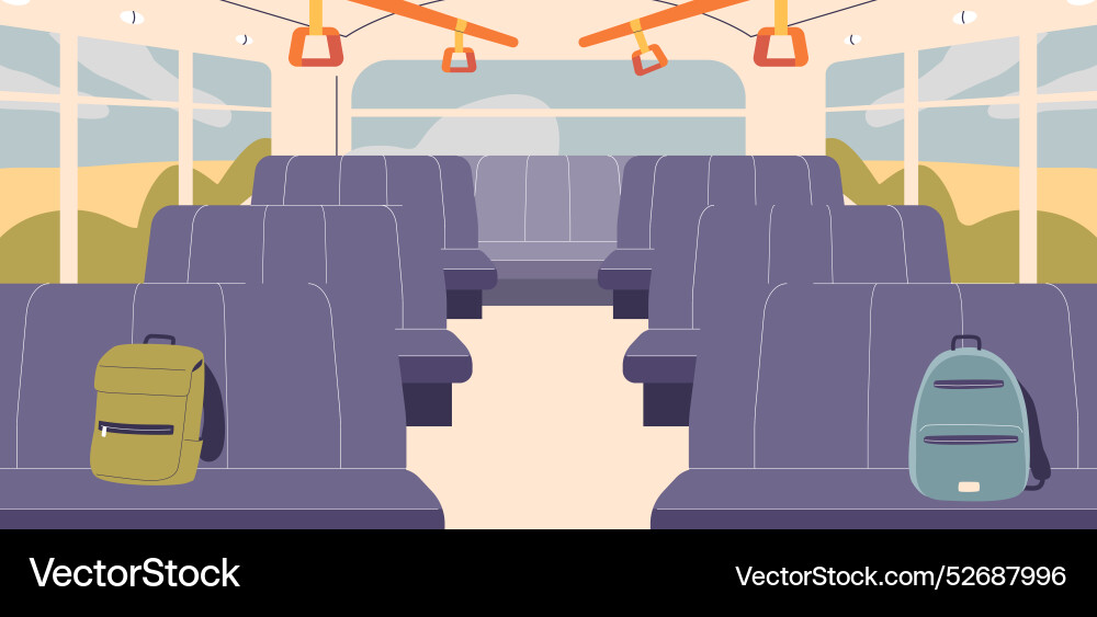 Empty school bus interior with two backpacks Vector Image