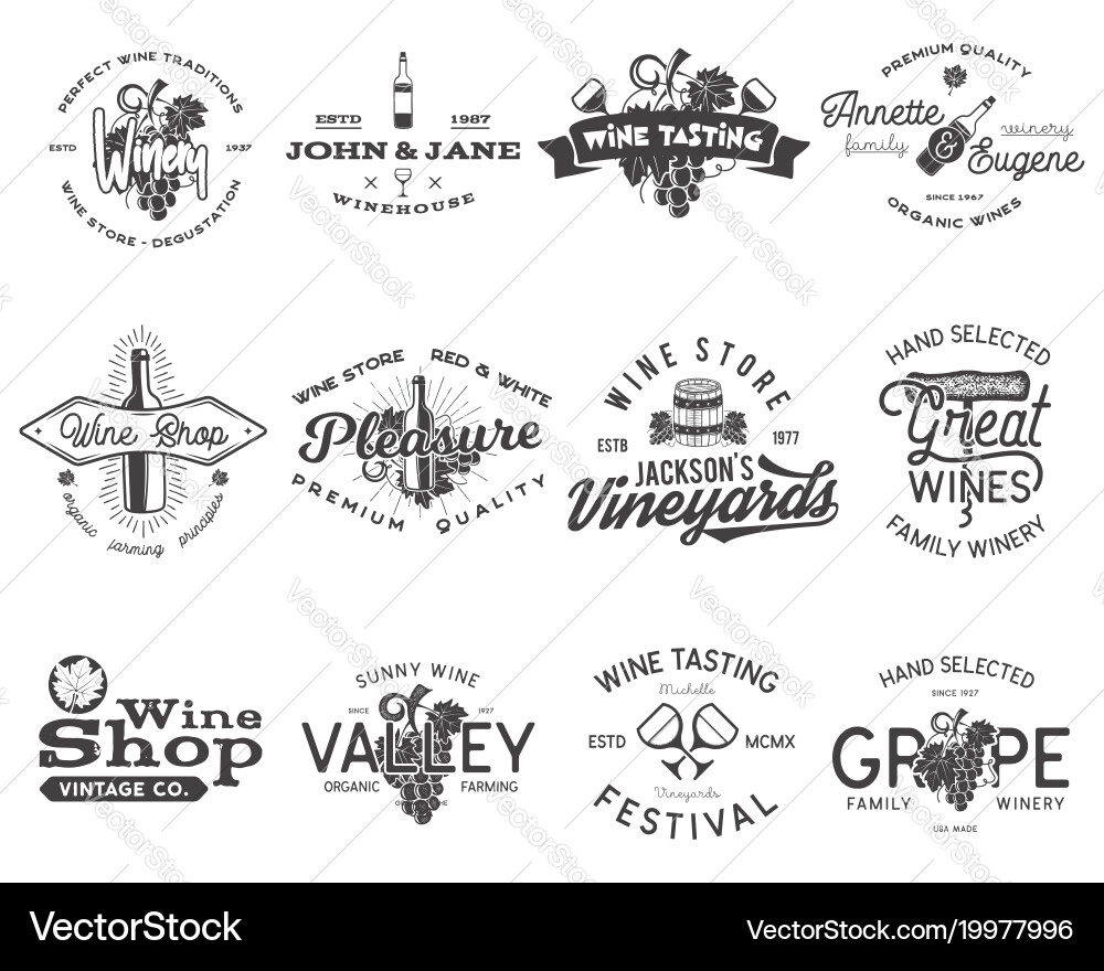 Wine black logos labels set winery shop Royalty Free Vector