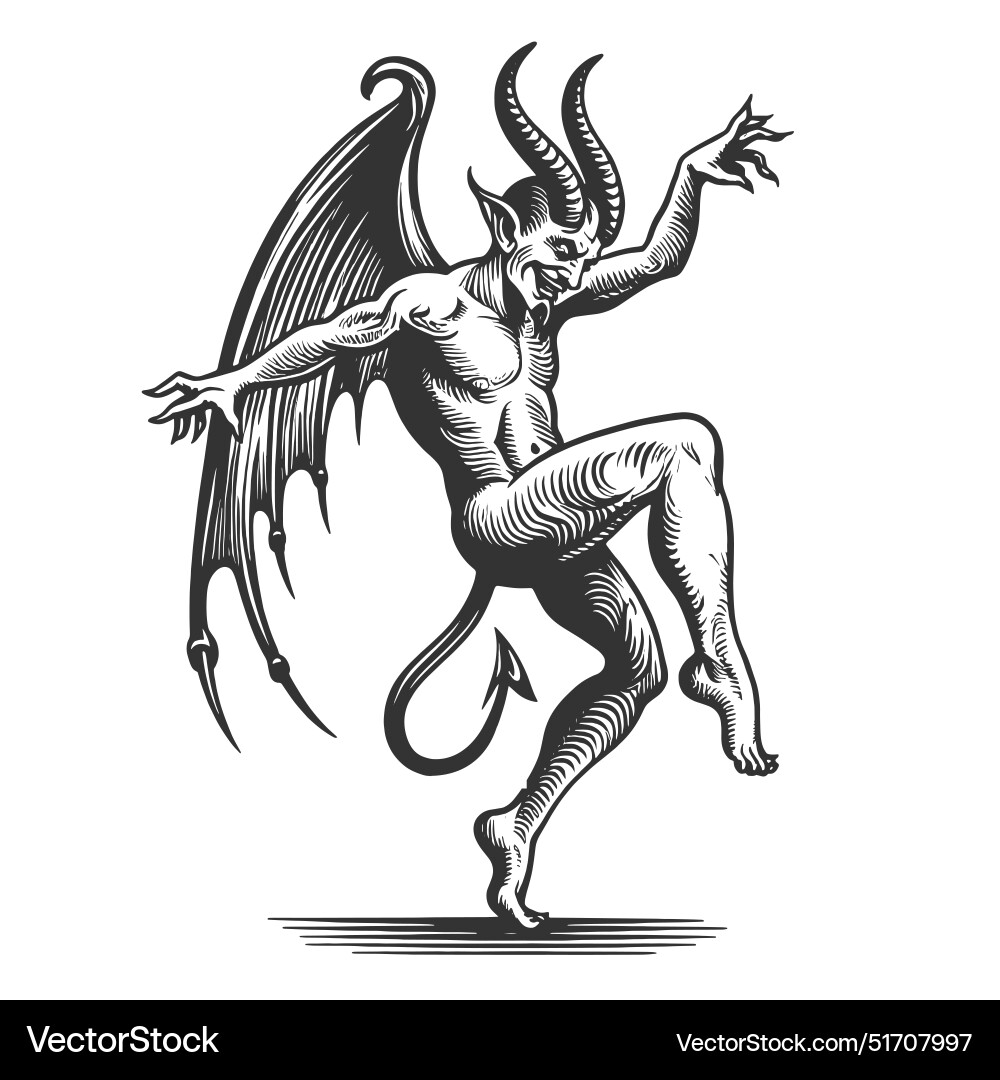 Dancing devil engraving sketch Royalty Free Vector Image