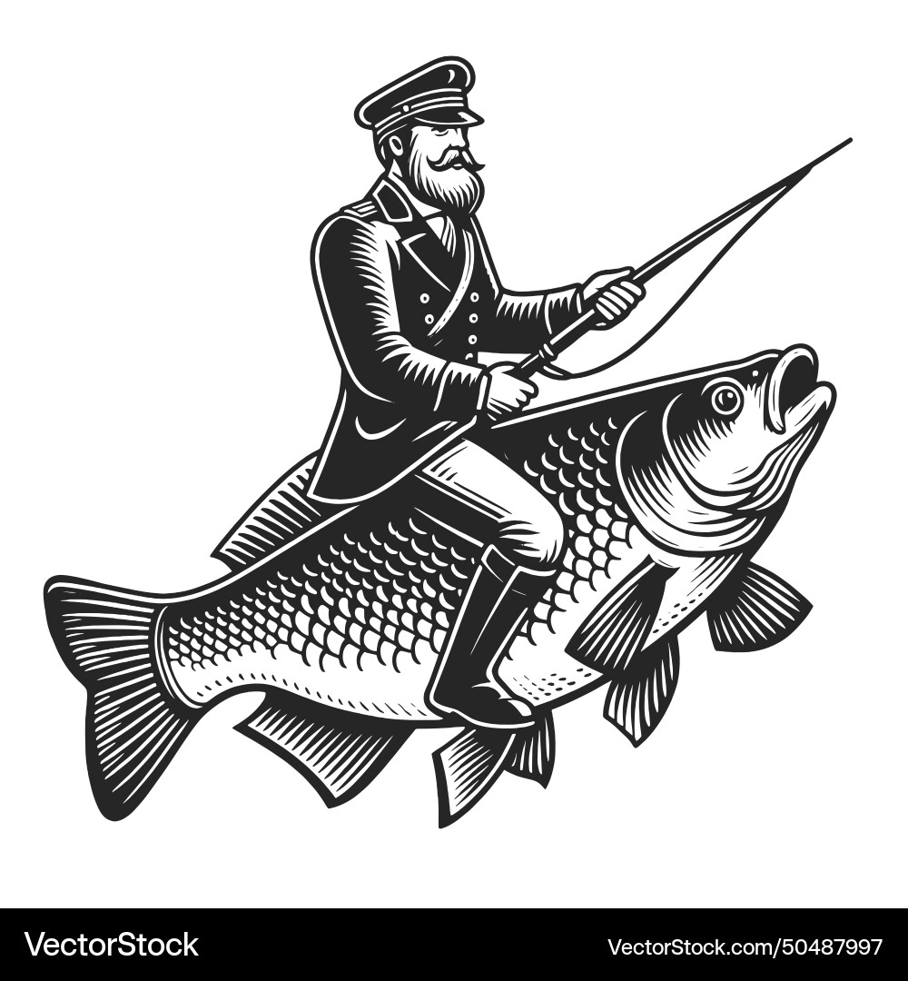Pirate captain riding fish sketch Royalty Free Vector Image