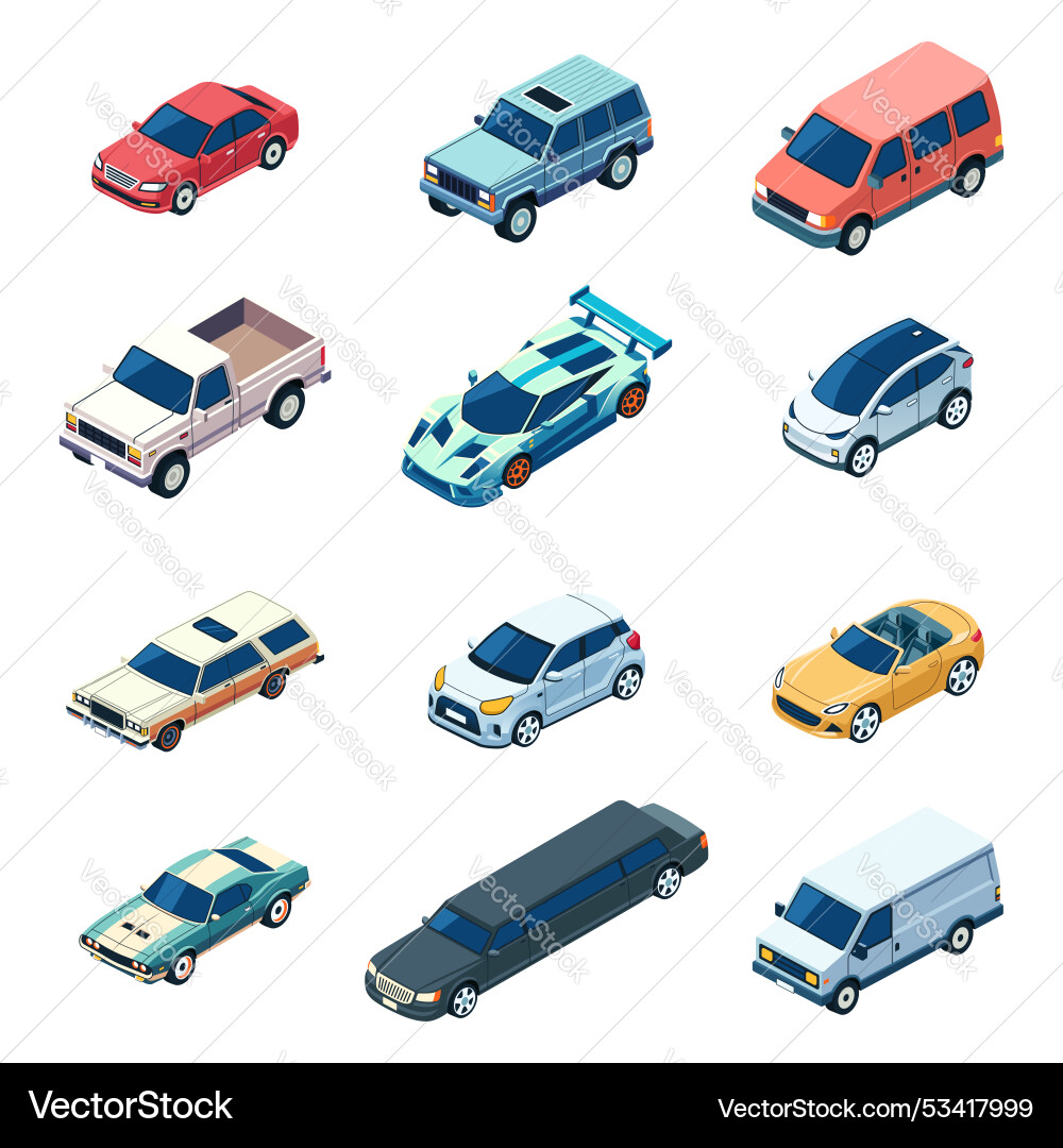 Different cars vehicles isometric Royalty Free Vector Image