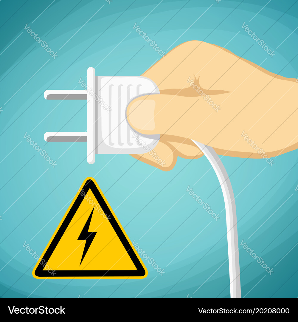 Human hand with an electric plug warning sign Vector Image