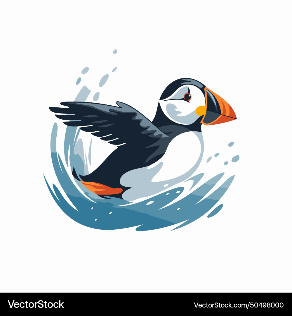 Puffin flying on the waves isolated white Vector Image
