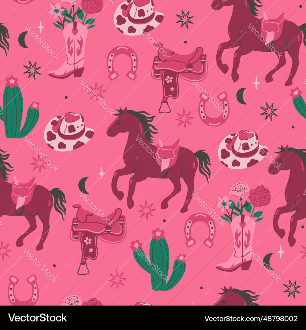 Cowgirl themed seamless pattern in pink colors Vector Image