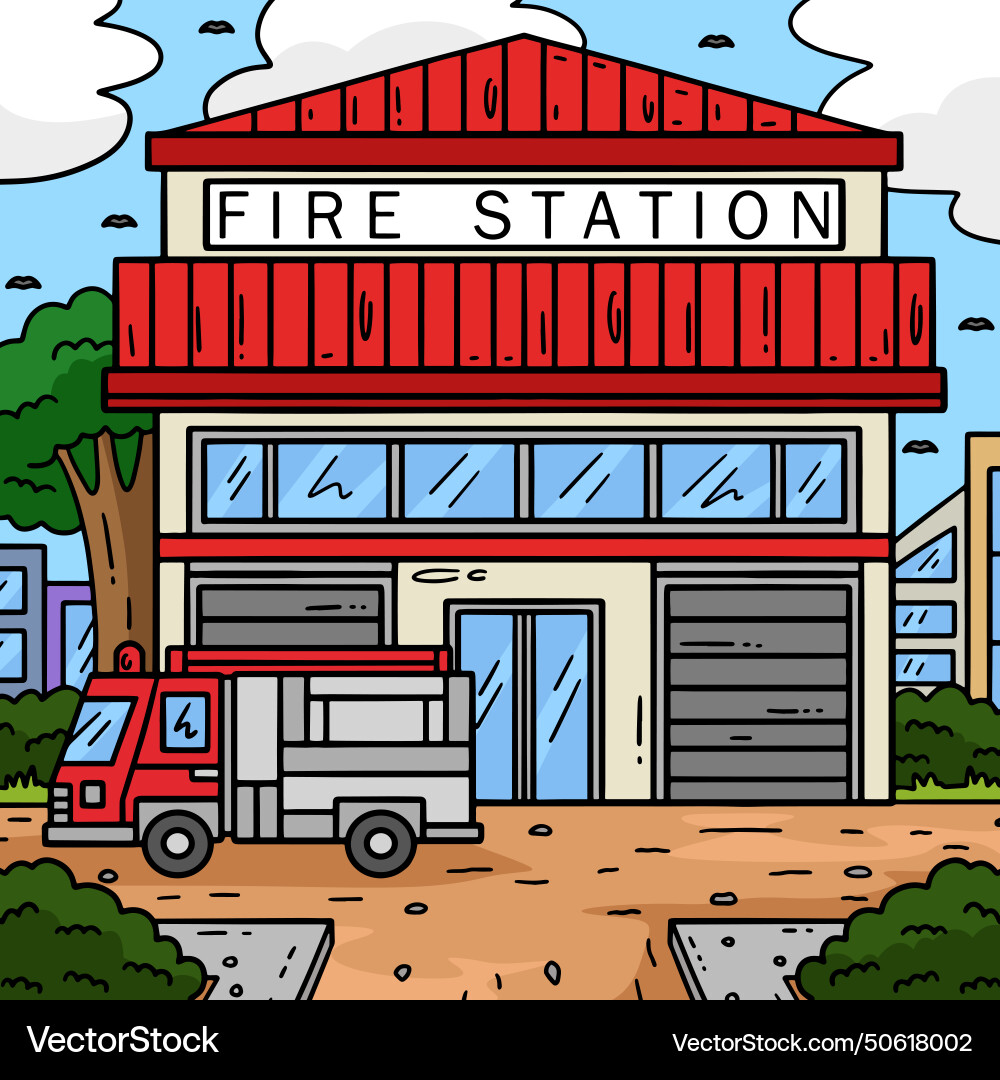 Firefighter station colored cartoon Royalty Free Vector