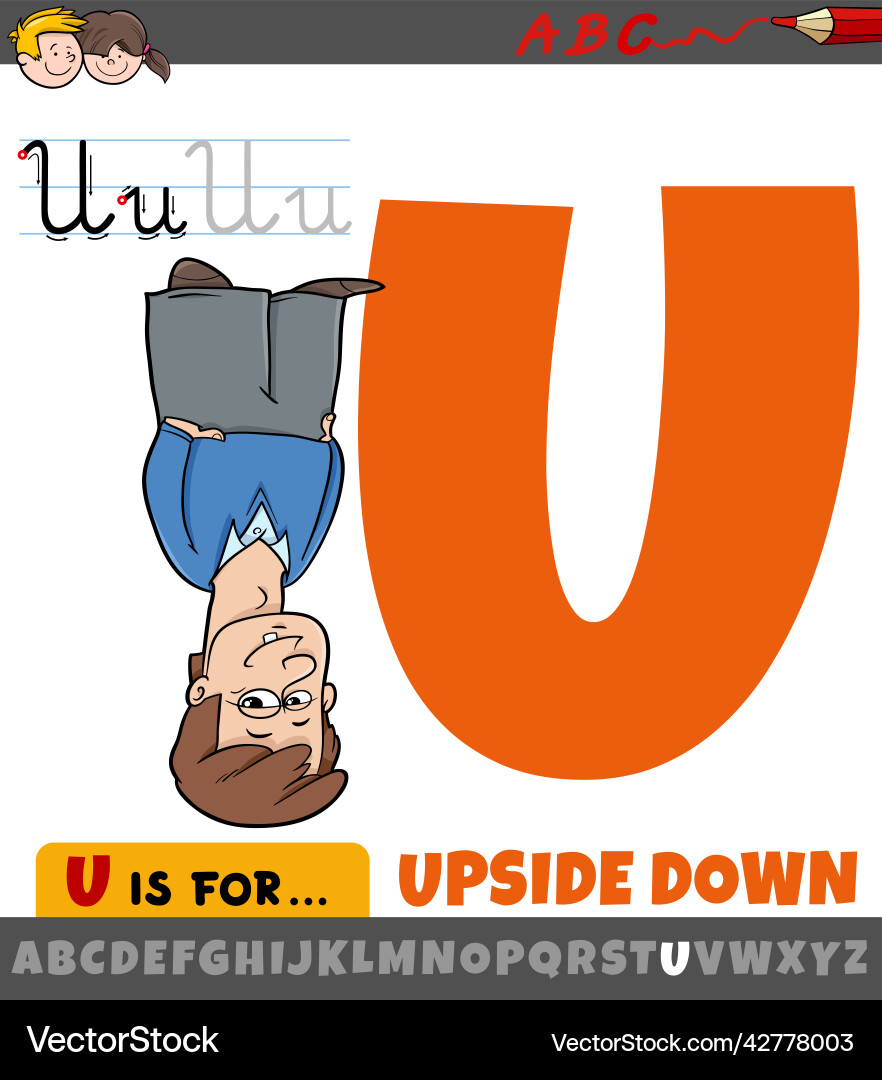 Letter u from alphabet with cartoon upside down Vector Image