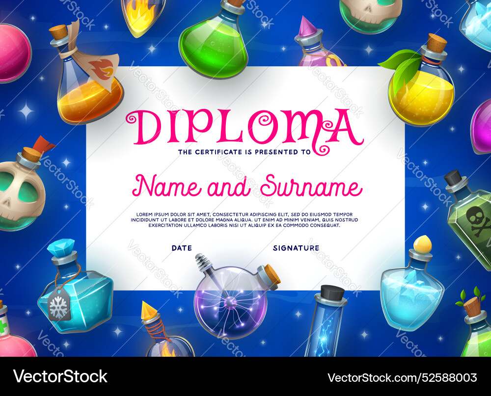 Magic kids diploma with halloween potion bottles Vector Image