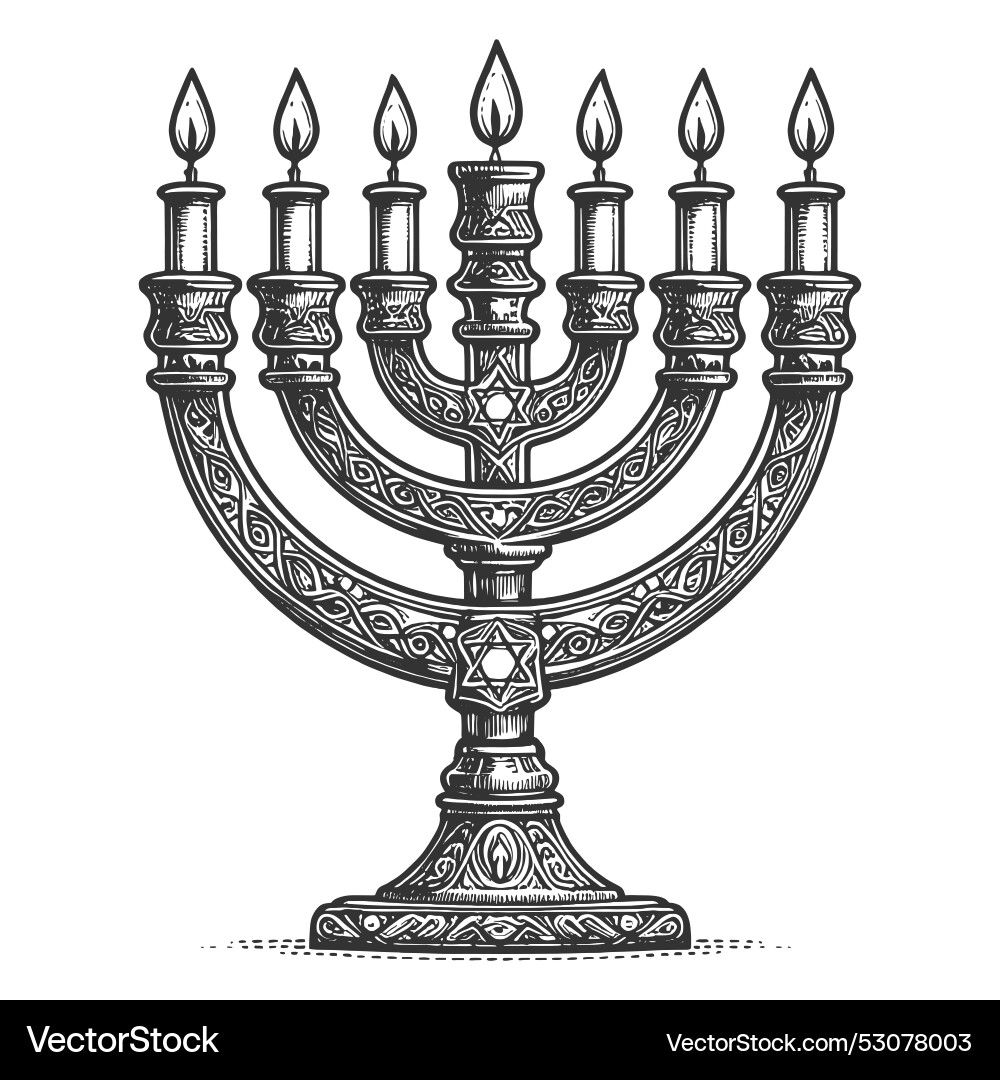 Menorah with candles lit engraving Royalty Free Vector Image