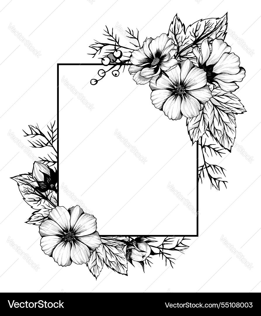 Monochrome pencil drawn flower frame Royalty Free Vector