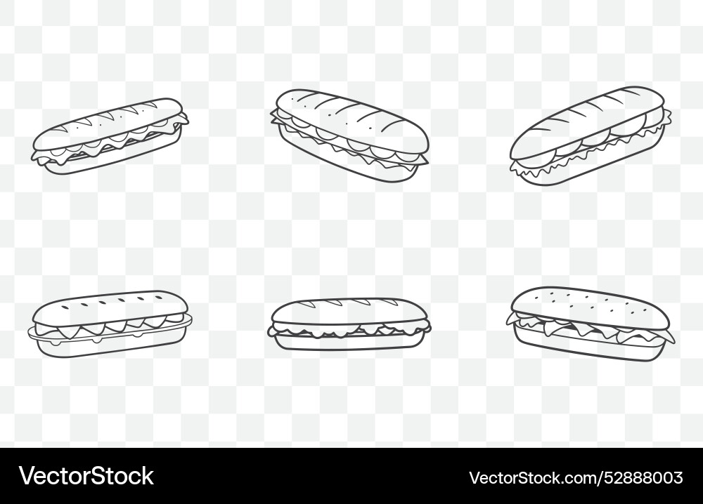 Print submarine sandwich line art set Royalty Free Vector