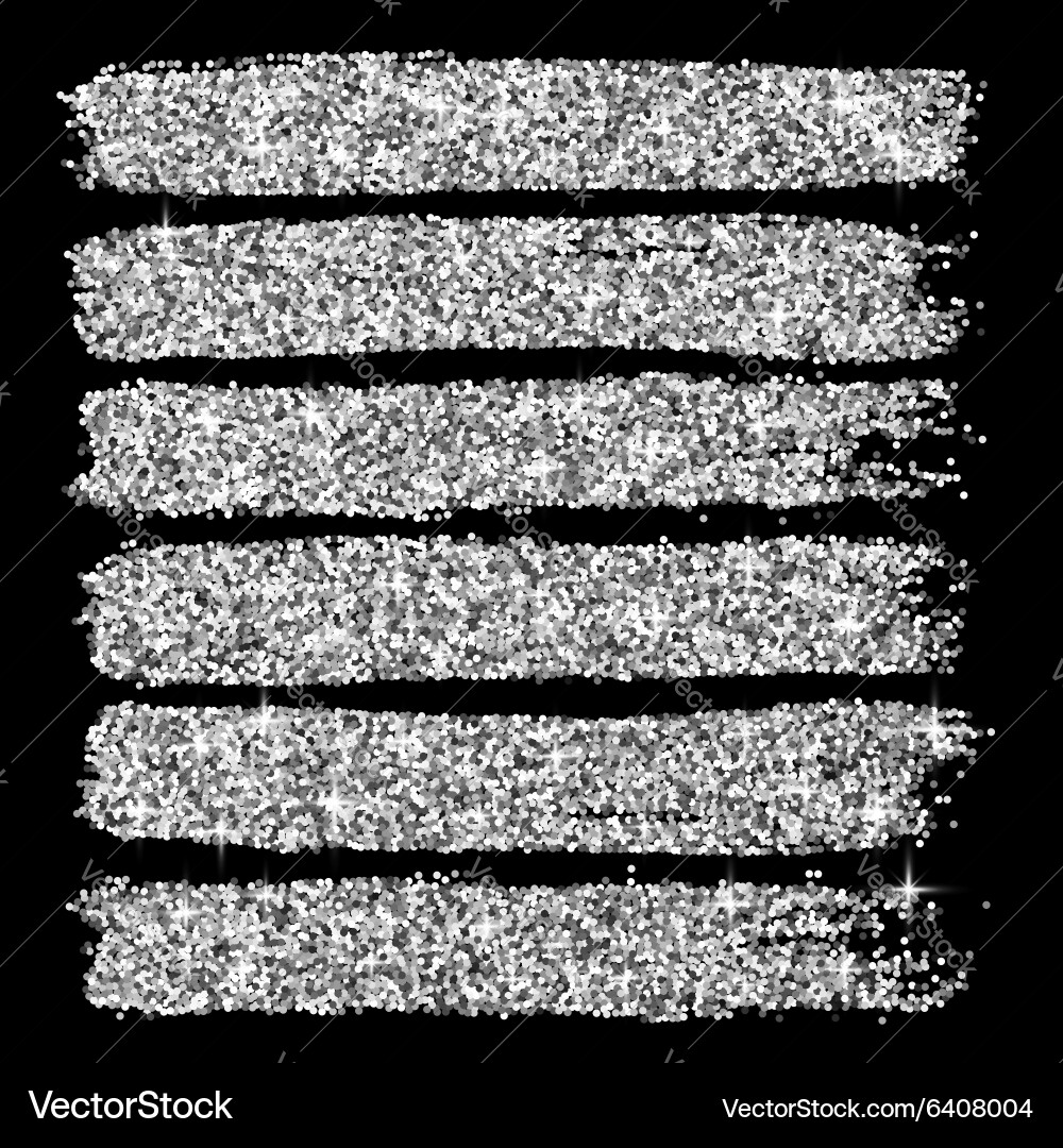 Silver glitter brush strokes set isolated at black