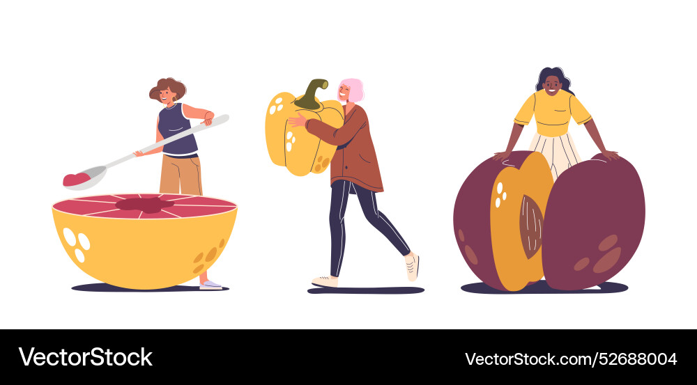 Three people characters holding and interacting Vector Image