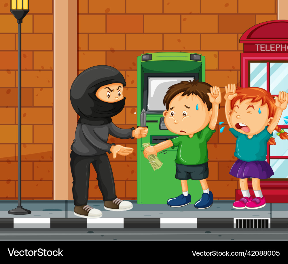Atm scene with a boy threatened from robber Vector Image