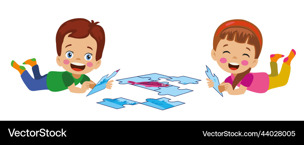 Cute kids doing puzzles helping each other Vector Image