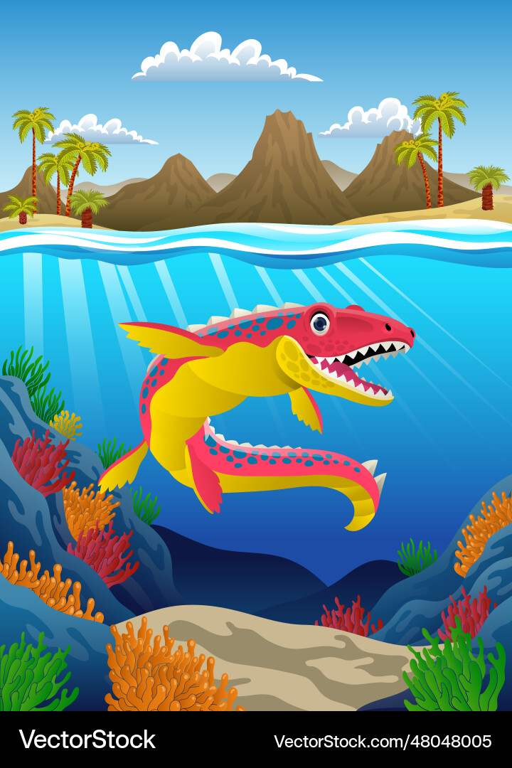 Happy cartoon mosasaurus dinosaurs in prehistoric Vector Image