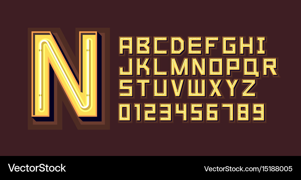 Yellow neon light alphabet font Royalty Free Vector Image