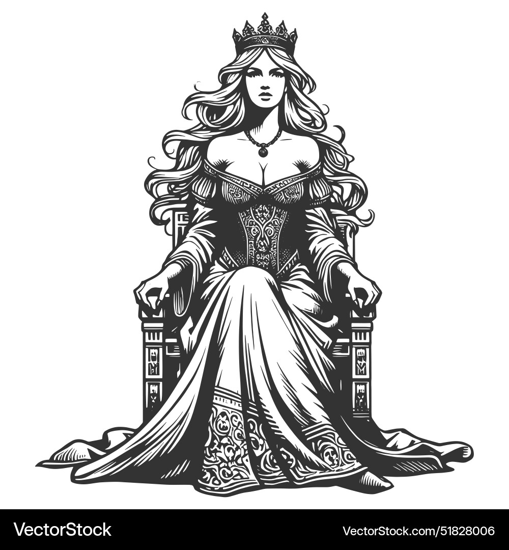 Medieval queen on throne engraving sketch Vector Image