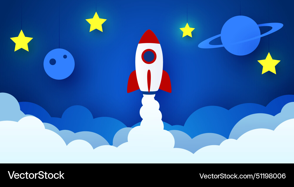 Rocket launch in the sky flying over clouds space Vector Image