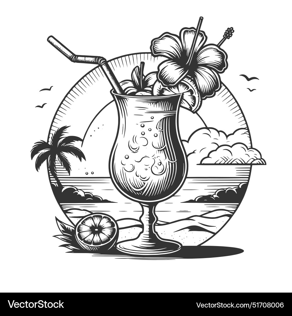 Tropical cocktail beach scene engraving Royalty Free Vector