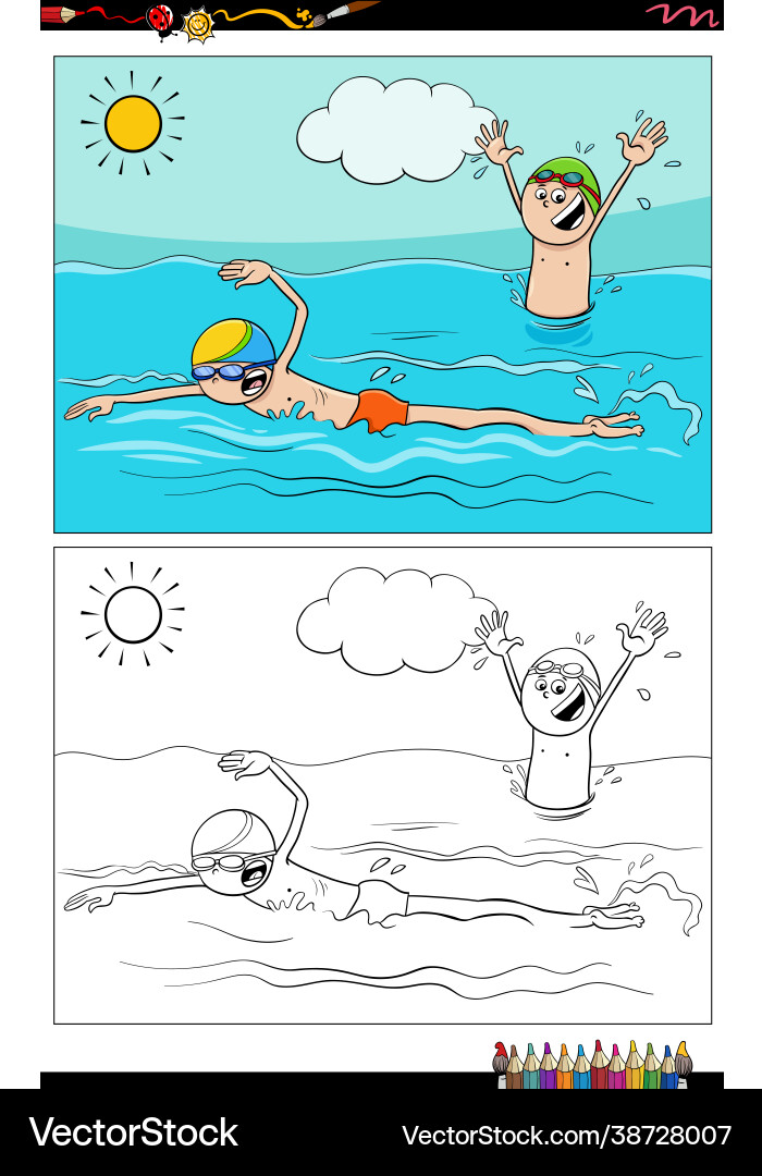 Cartoon swimming boys characters group coloring – Royalty-Free Vector ...