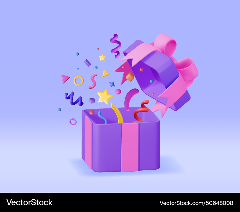 3d open gift box with falling confetti Royalty Free Vector