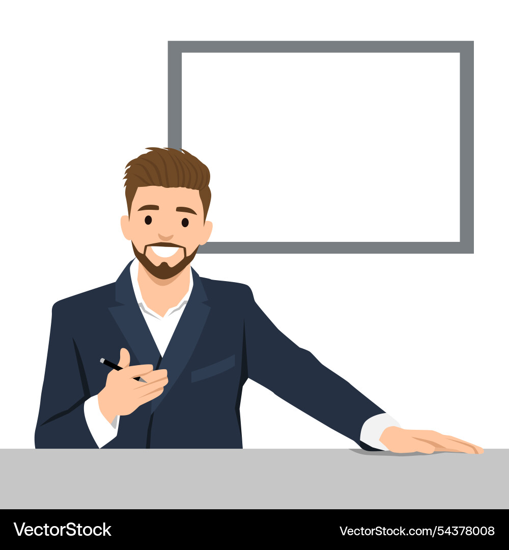 Young man presenter sitting at desk Royalty Free Vector
